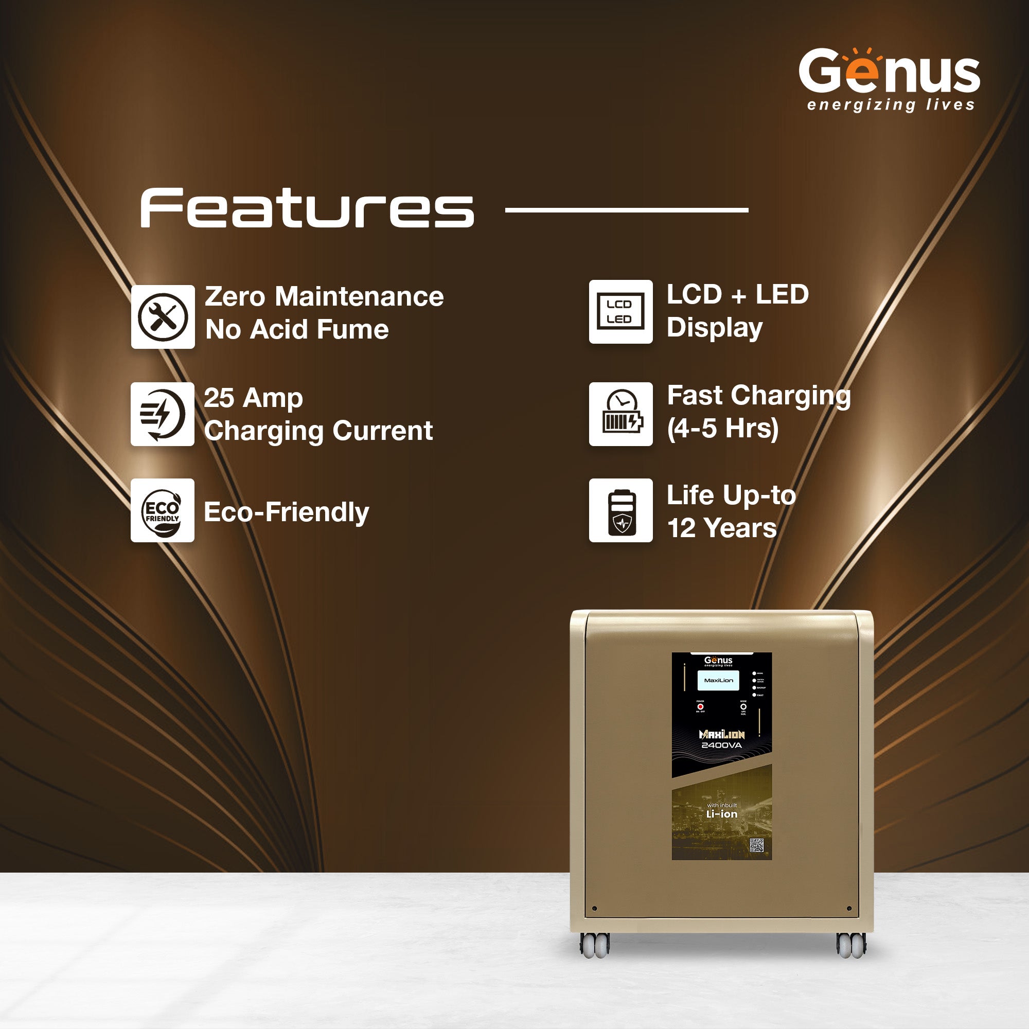 Genus MaxiLion 2400 VA (2.4 KVA) Inverter with Upto 12 Year Life Integ ...